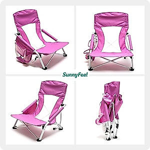 SUNNYFEEL Low Sling Beach Chair, Folding Low Mesh Reclining Back Low Seat Beach Chairs for Adults with Cup Holder,Carry Bag Padded Armrest for Sand Camping Lawn Concert Travel Festival (Pink)