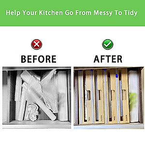 Aluminum Foil & Plastic Wrap Organizer for Kitchen Drawer|Wax Paper Wrap Dispenser with Cutter|Bamboo Roll Storage Organizer| Compatible with 12" Roll