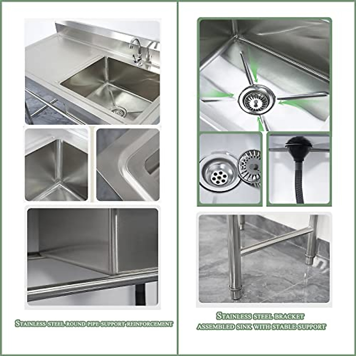 Free Standing Stainless-Steel Single Bowl, Commercial Restaurant Kitchen Sink Set W/Faucet Drainboard,Utility Sink Free Standing Single Bowl Kitchen Sink(Size:150cm,Color:A-Right platform)