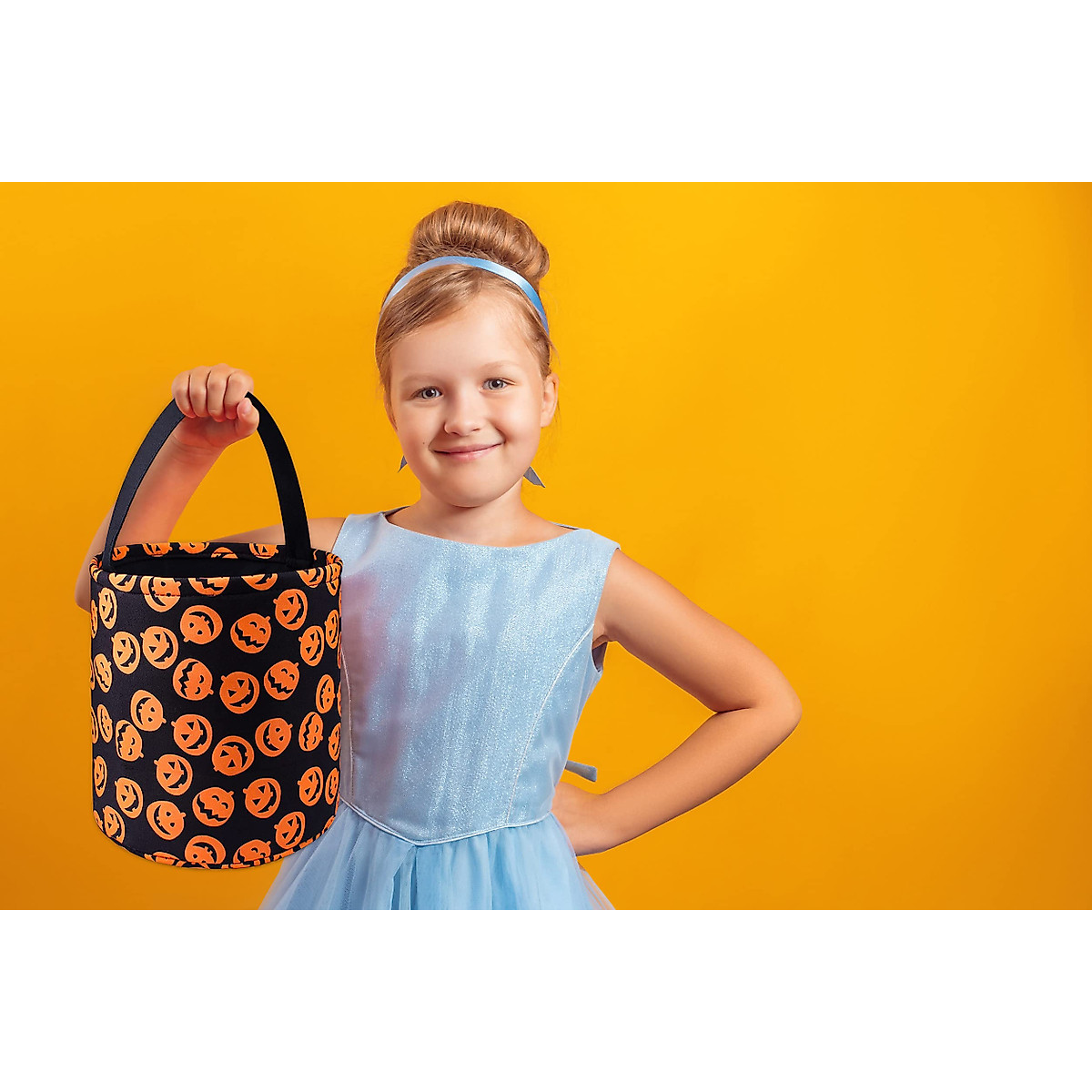 Jolly Jon Halloween Trick or Treat Bags - Kids Candy Bucket Tote Bag - Pumpkin Design on Black Basket - 9.5 x 9 inches