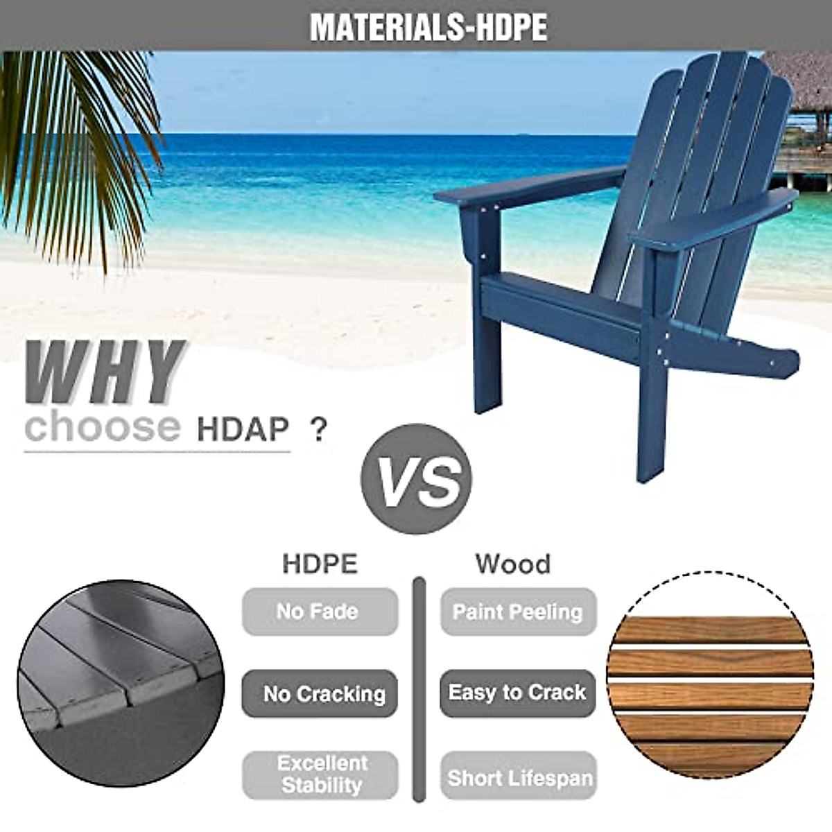 Piamomso Folding Plastic Adirondack Chair, All Weather Resistant Fire Pit Chair for Outside Patio Lawn Garden Backyard Deck, Blue