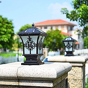 Led Outdoor Solar Post Lamps Industrial Metal Aluminum Column Lights Warm/White Light Adjustable Garden Street Home Pillar Lights(Color:Black,Size:S)