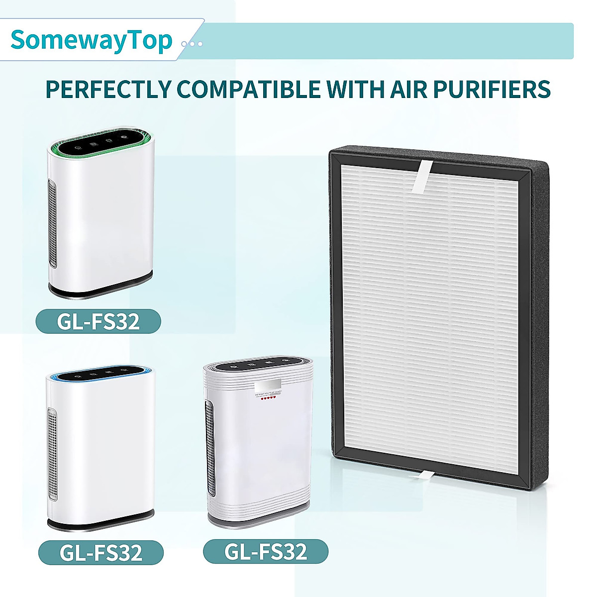 GL-FS32 Replacement Filter Compatible with Mooka Air Replacement Filter and AZEUS/KOIOS Air Purifiers 3-IN-1 Air Cleaner for Home FS32 True HEPA, Pre-filter and Activated Carbon, 2 Packs