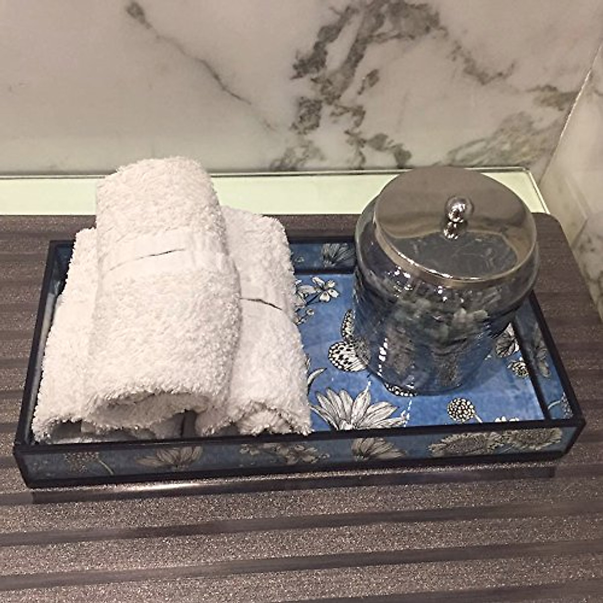 nu steel Decorative Glass Blue Printed Floral Tray, Hand Storage, Towel Rack, Sturdy Holder for Disposable Paper Napkins-Bathroom Vanity Countertop