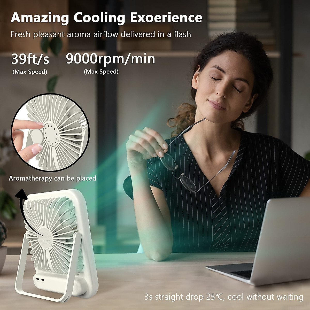 WhiteRhino Desk Fan 2000mAh Rechargable Fan,USB Fan Portable Table Air Circulator Fan with Aromatherapy,100 Speeds,39ft,180° Tilt,Ultra Quiet Digital Display Personal Fan Table Fan for Home Office