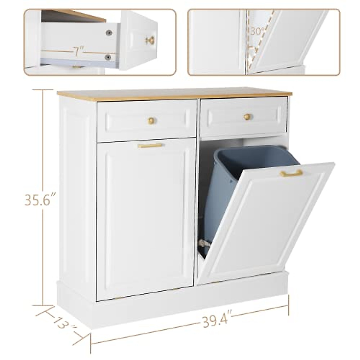 eclife Double Kitchen Trash Cabinets Dual Tilt Out Trash Cabinet， Kitchen Hide Garbage Cans with Two Wood Hideaway Trash Holder Drawers, Free Standing Recycling Cabinet Trash Can Holder (Dual White)
