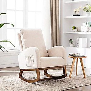 Dolonm Rocking Chair Mid-Century Modern Nursery Rocking Armchair Upholstered Tall Back Accent Glider Rocker for Living Room (Beige-Linen)