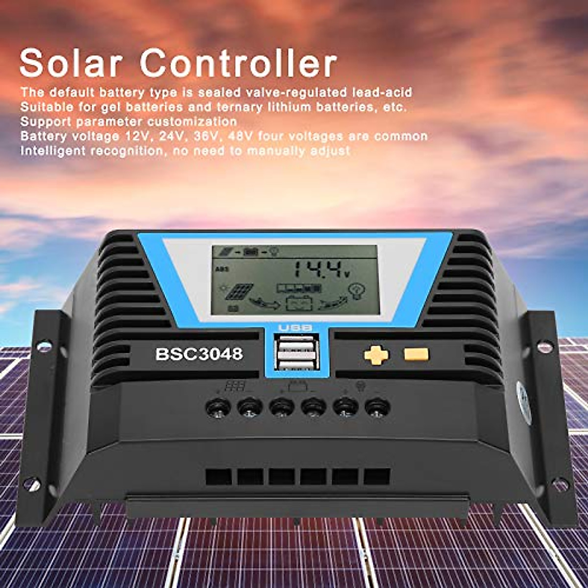 Agatige 30A Solar Charge Controller, 12V/24V/36V/48V Solar Panel Regulator with LCD Display Dual USB Port PWM Auto Parameter, Input Solar Panel Regulator for Gel Sealed Flooded and Lithium Battery