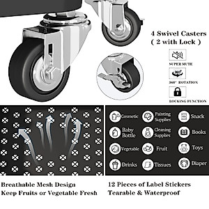 UDEAR 3-Tier Rolling Utility Cart with 12 Category Labels,Multifunctional Comagtable Rolling Shelving with Handle and Lockable Wheels for Room,Office,Kitchen,Bathroom,Black
