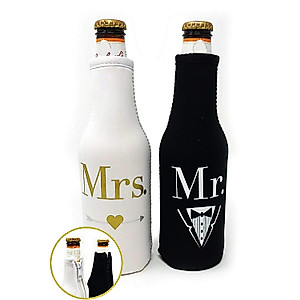 Mr. & Mrs. Beer Bottle Cooler Sleeves Black & White Gift Set 2 Pack - Perfect for Wedding, Bridal Shower, Engagement Party & So Much More.