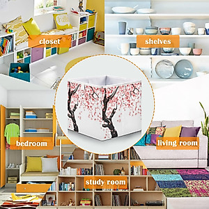 Poeticcity Red Pink Japanese Cherry Blossom Flowers Black Trunk on White Square Storage Basket Bin, Collapsible Storage Box, Foldable Nursery Baskets Organizer for Toy, Clothes Easy to Assemble
