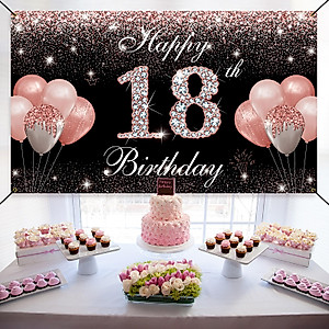 HTDZZI 18th Birthday Decorations for Girls, Happy 18th Birthday Backdrop Banner Rose Gold, 18 Year Old Birthday Party Yard Sign Photo Booth Props Background Decor Supplies for Women, Fabric