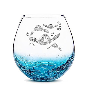 Mothers Day Gifts for Mom, Sea Turtles Family Handmade Engraved Crackle Turquoise Beach Wine Glass 18 Oz Gifts for Turtle Lover Men Women