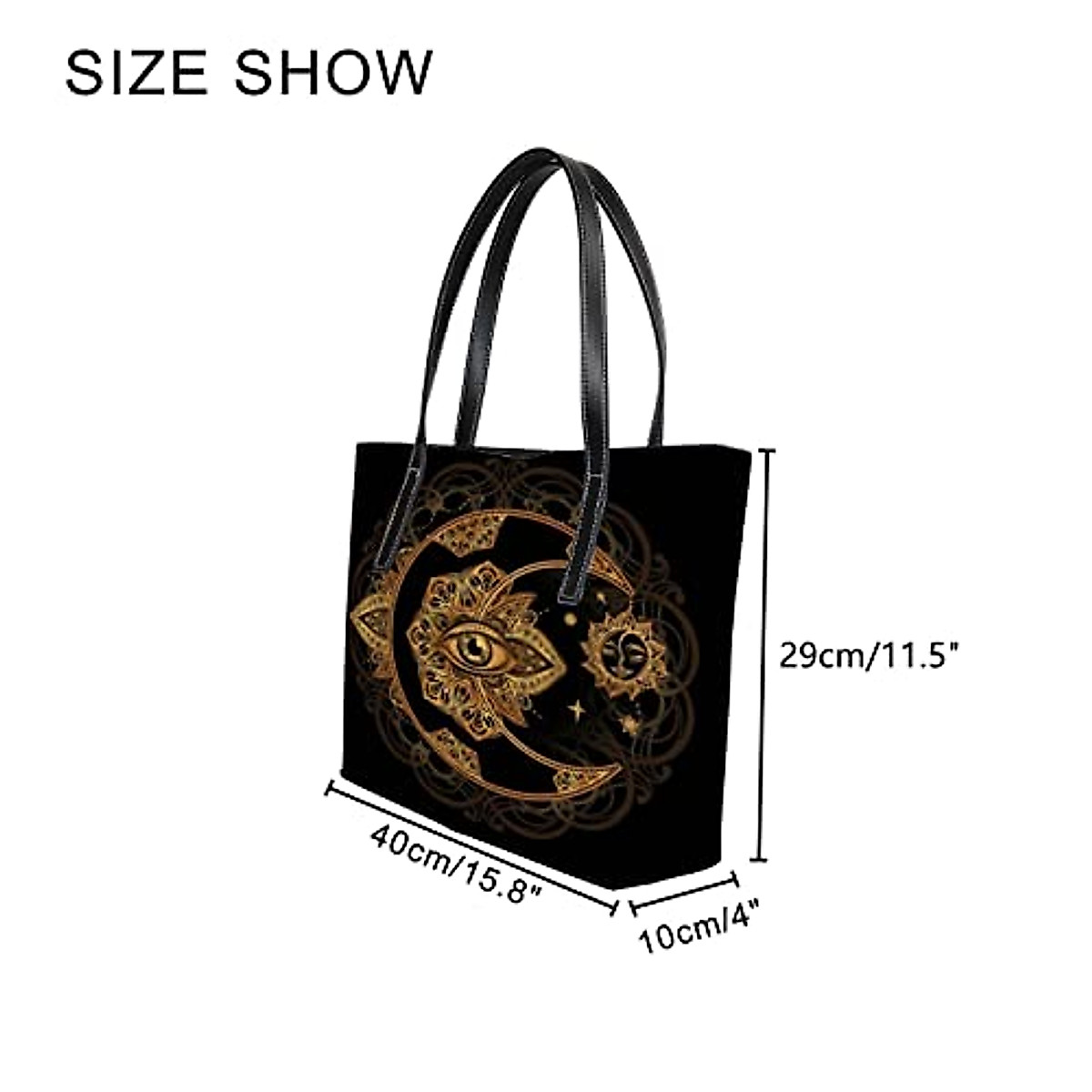 Black Vintage Boho Golden Moon Sun and Mandala Tote Bag for Women Leather Handbags Women's Crossbody Handbags Work Tote Bags for Women Coach Handbags Tote Bag with Zipper.
