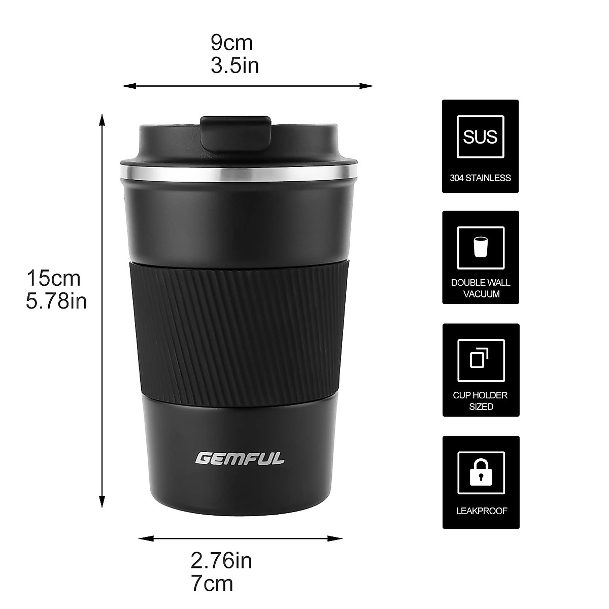 GEMFUL To Go Coffee Mug with Lid 13 oz Insulated Coffee Cups Spill Proof Travel Tumbler Leak Proof Vacuum Stainless Steel Reusable for Hot Cold Drinks Women Men (Black)