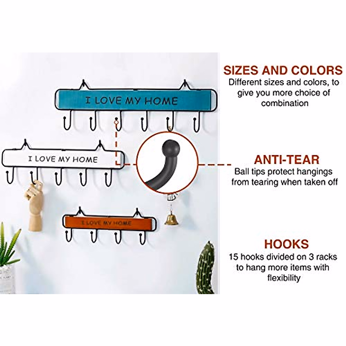 Zembros Coat Rack Wall Mounted, Set of 3 Hangers With Different Sizes (6,5 and 4 hooks), With Wood and Metal the hook Rail Can be for Coat Hat Purse Keys-Perfect for Your Entryway, Bedroom and Kitchen