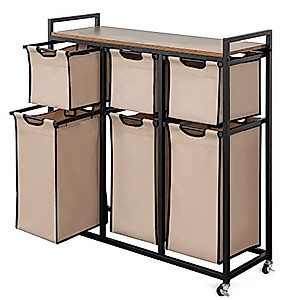 Suntage Laundry Basket Organizer, Hampers for Laundry 6 Compartments, Laundry Hamper with 6 Sliding Laundry Sorter Bags, Top Storage Shelf, and Metal Frame