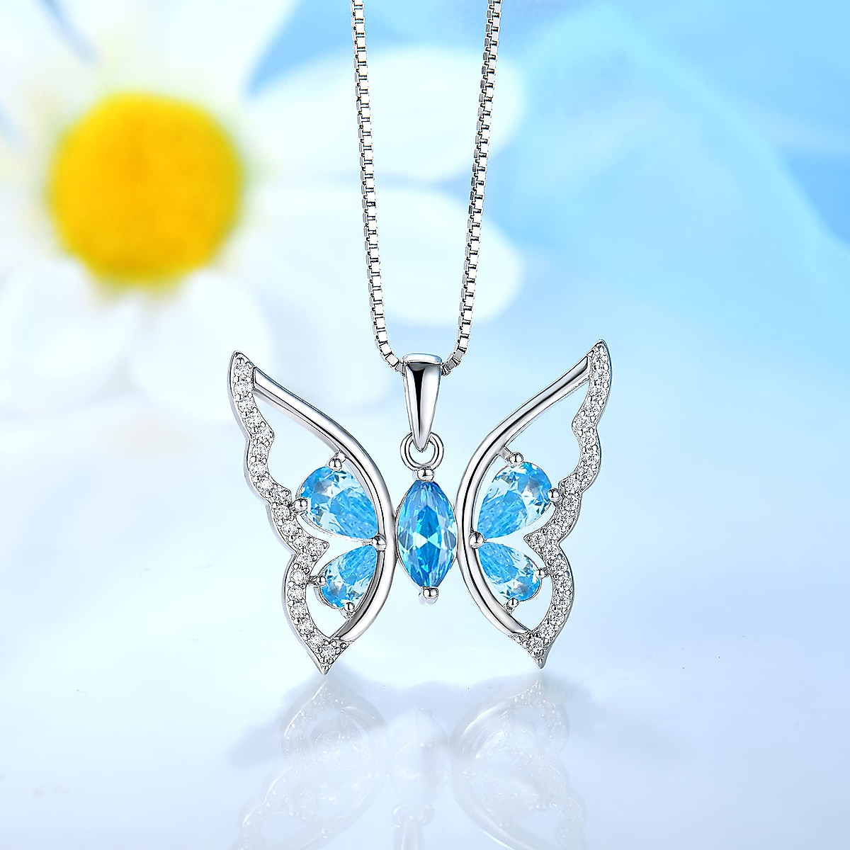 YL Butterfly Necklace for Women 925 Sterling Silver Created Aquamarine Butterfly Pendant Jewelry Gifts