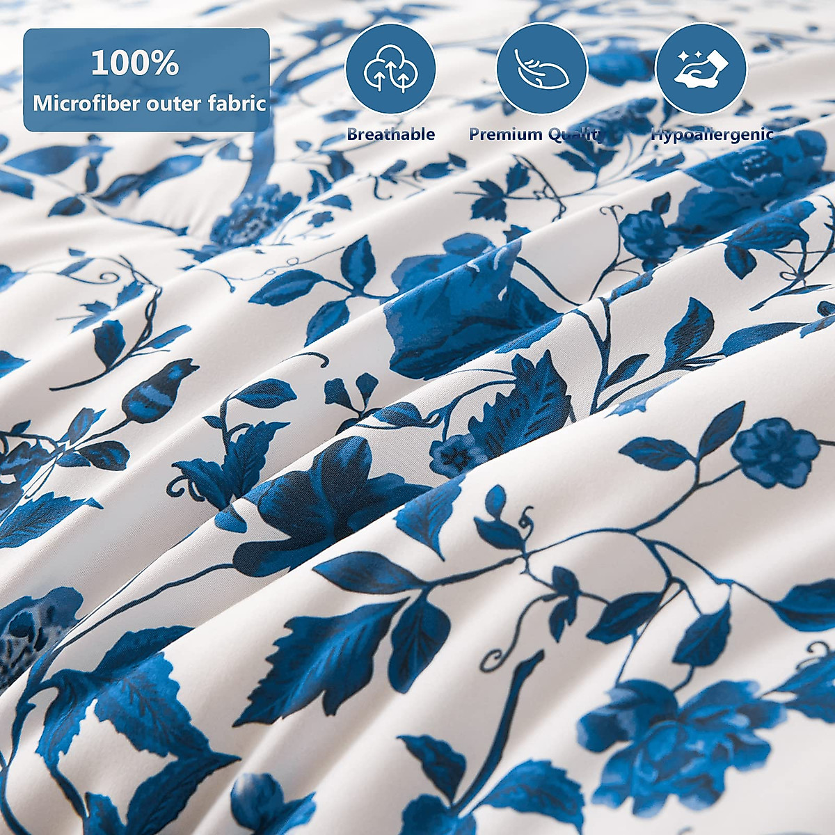 LLDSYW King Size Comforter Set - 7 Pieces Bed in a Bag Soft Microfiber Bedding Comforter Set Leaves Floral Pattern on White Comforter Sets with Sheets for All Seasons (King, Blue)