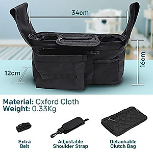 ComfyDegree Universal Baby Stroller Organizer Anti-Slip Detachable Pouch Bag Insulated Bottle Cup Holders Tissue Compartment, Secured Straps, Pockets for Diaper, Phone, Keys, Toys (Black)