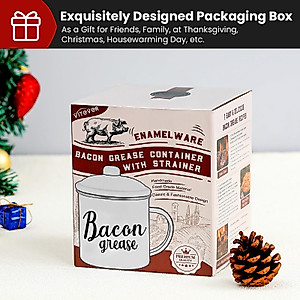 VITEVER 46OZ LARGE Bacon Grease Saver with Fine Mesh Strainer & Handle - Enamel Oil Keeper Container, Bacon Fat Dripping Can - Farmhouse Kitchen Gift & Decor Cooking Accessories - White, Style 3