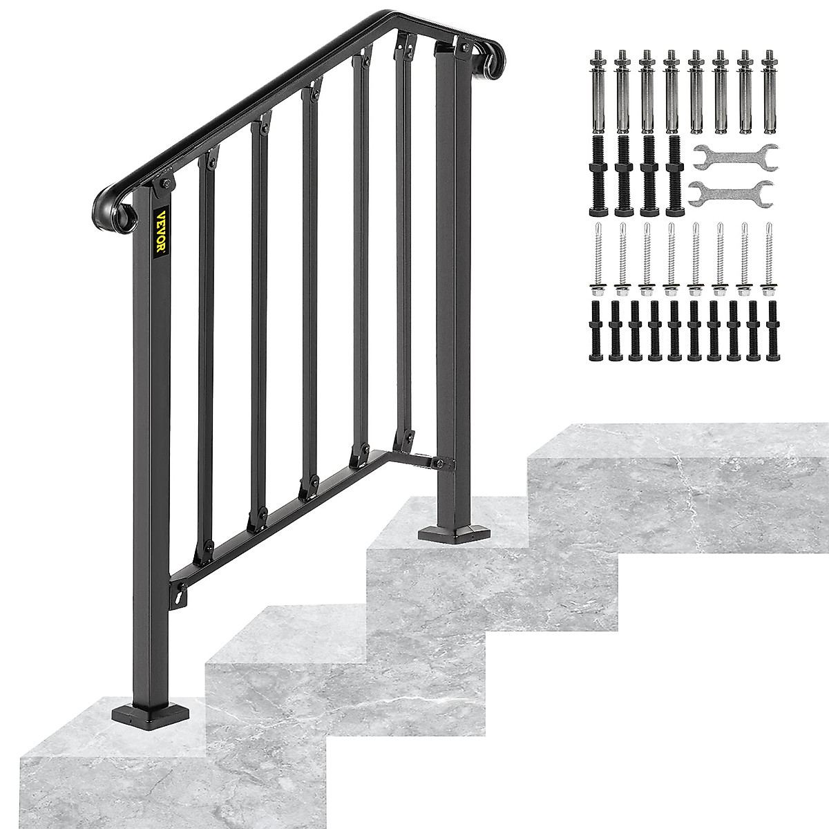 Happybuy Handrails for Outdoor Steps, Fit 2 or 3 Steps Outdoor Stair Railing, Picket#2 Wrought Iron Handrail, Flexible Porch Railing, Black Transitional Handrails for Concrete Steps or Wooden Stairs