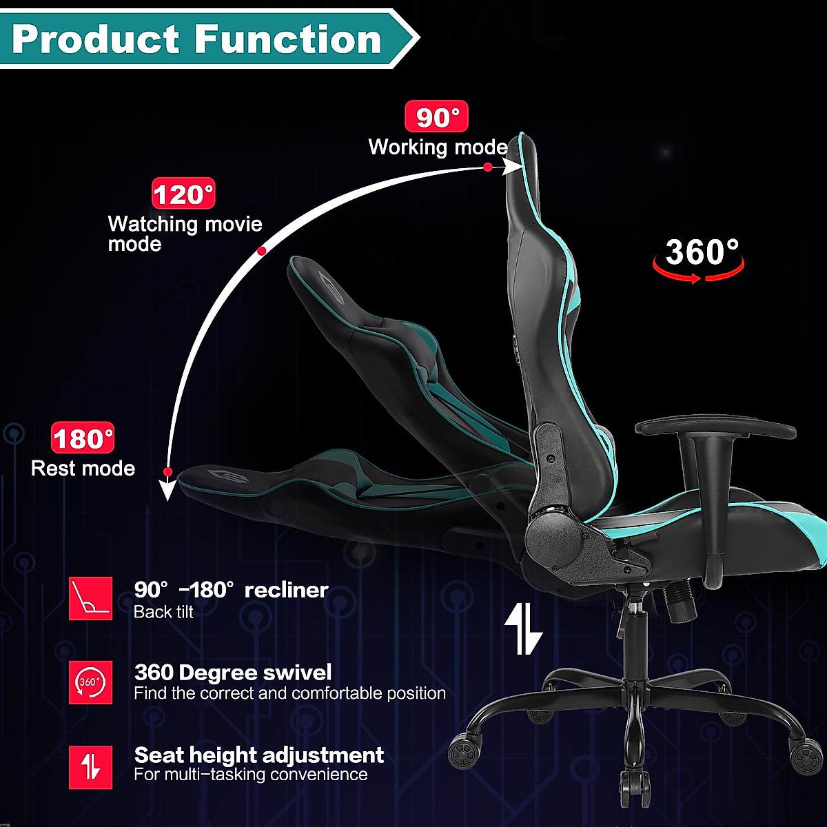 GOTMINSI Video Gaming Chair with Headrest and Lumbar Cushion Adjustable Desk Chair for Office and Study Room Computer Racing Chair with Ergonomic High Backrest (BK/Mint)