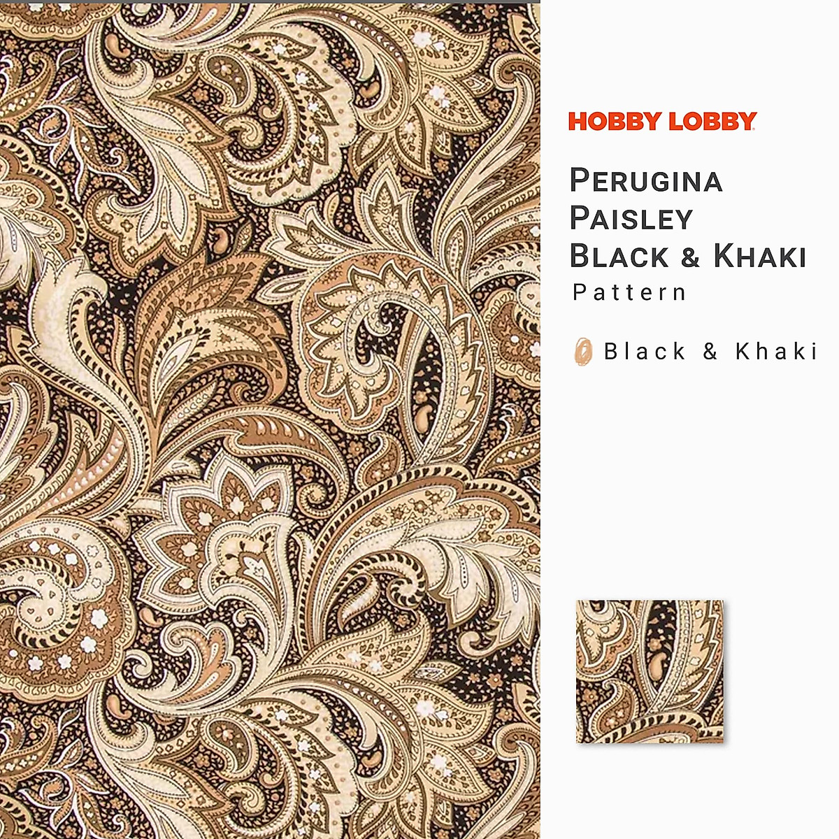 Perugina Paisley Black & Khaki Cotton Calico Fabric (1 Yard) – Printed Sewing Fabric by The Yard – Lightweight Precut Fabric for Sewing Clothes, Homeware, & Other Accessories – DIY Craft Fabric