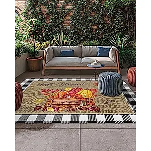 Outdoor Rug 4x6 Reversible Mats Non-Slip Area Rug Outdoor Carpet,Thanksgiving Pumpkin Autumn Leaves Mat for Patio Camping Rv Picnic Backyard Deck Balcony Porch Beach Trailer