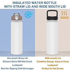 Insulated Water Bottle with Straw 25 oz Stainless Steel Water Bottles BPA-Free Leak Proof Double Wall Vacuum Metal Water Bottle with 2 Lids for Biking Hiking Camping-WHITE