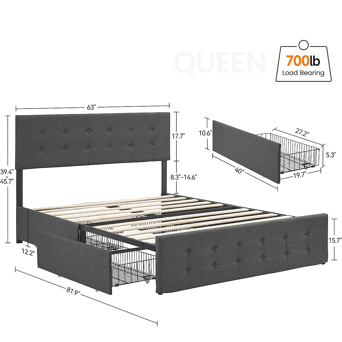 IDEALHOUSE Queen Bed Frame with 4 Storage Drawers,Grey Queen Size Upholstered Platform Bed Frame with Headboard and Wooden Slats Support No Box Spring Needed