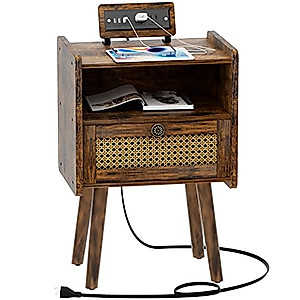YAKANJ Small Nightstand with Charging Station,Mid Century Modern Nightstand with Rattan Decor,Night Stand End Table Side Table with 2 Tiers Storage Shelf for Small Spaces,Bedroom,Living Room-Brown