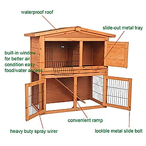 40 Inch Wood Rabbit Hutch 2-Story Rabbit Cage Bunny Hutch Indoor Outdoor Guinea Pig Cage, Small Animal Enclosure with Run Area, Removable No Leaking Tray, Asphalt Roof, Lockable Doors and Ramp