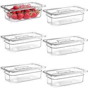 Bekith 6 Pack Plastic Clear Food Pans with Lids, 1/3 Size 4 Inch Deep Stackable Commercial Polycarbonate Pans for Kitchen Restaurant Food Prep, Freezer-Safe