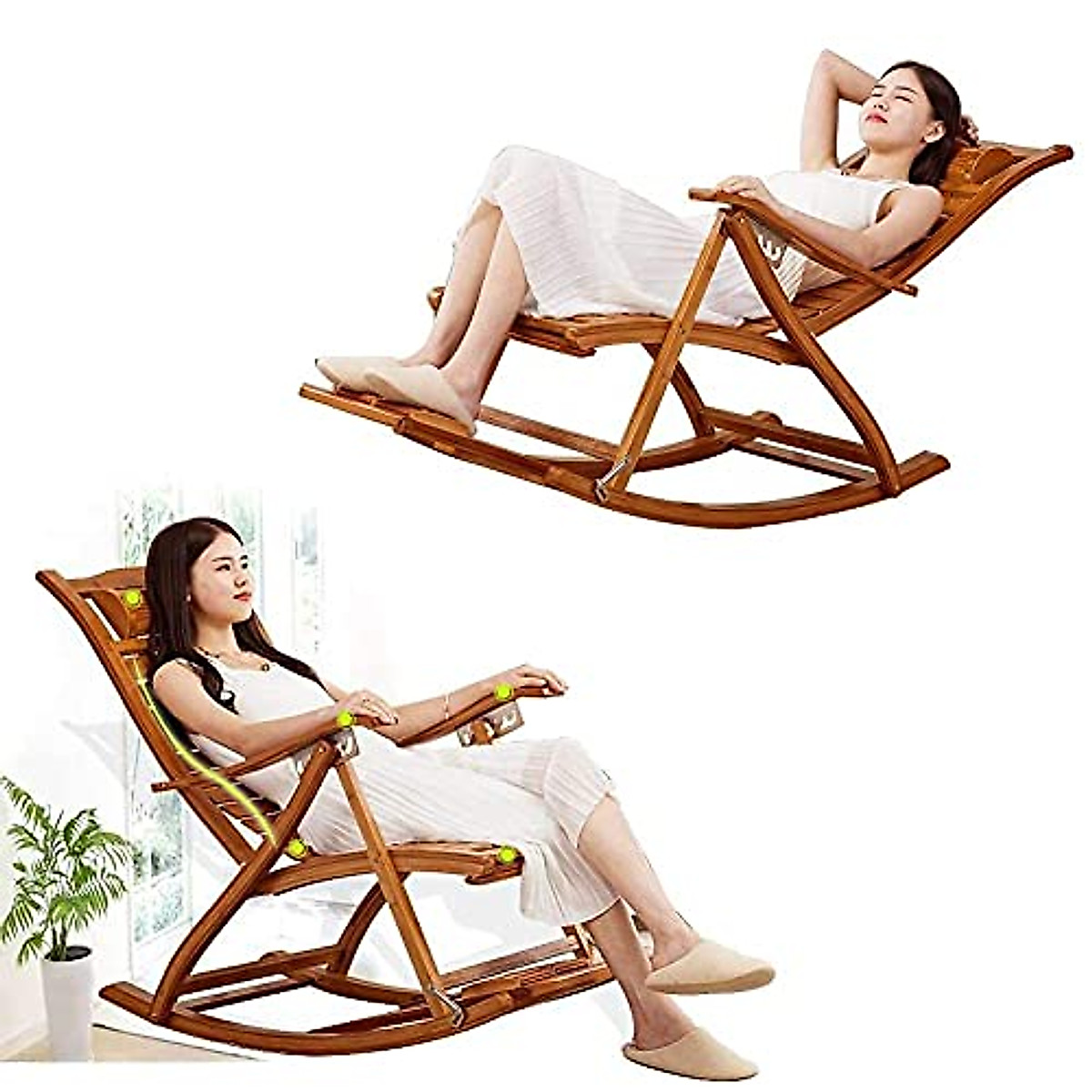 Lounge Chair, Zero Chair,Lounge Chairs,Wooden Folding Rocking Chair Balcony Bamboo Adjustable Back Chair with Headrest and Foot Massage Outdoor Sun Loungers Old Man Siesta Chair