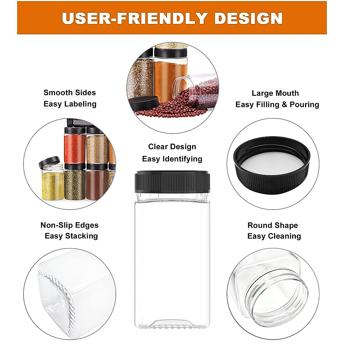 14 Ounce Storage Jars Refillable Clear Plastic Jars for Kitchen and Household Storage, 6 Pack