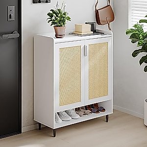 UpWiew Shoe Cabinet with Rattan Door, 5-Tier 31" Lx14 Wx38 H White