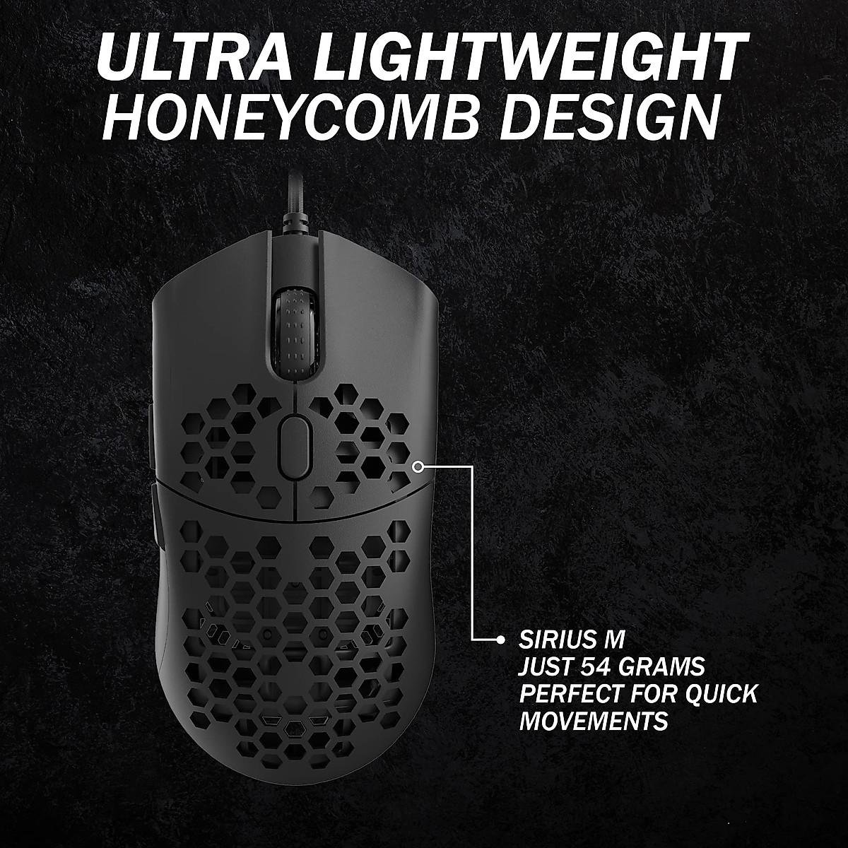 HK Gaming Sirius M Ultra Lightweight Honeycomb Shell Gaming Mouse | 54 Grams | 12000 cpi | USB Wired | 6 programmable Buttons | On-Board Memory | Anti Slip Grips | Sirius-M 12000cpi Black