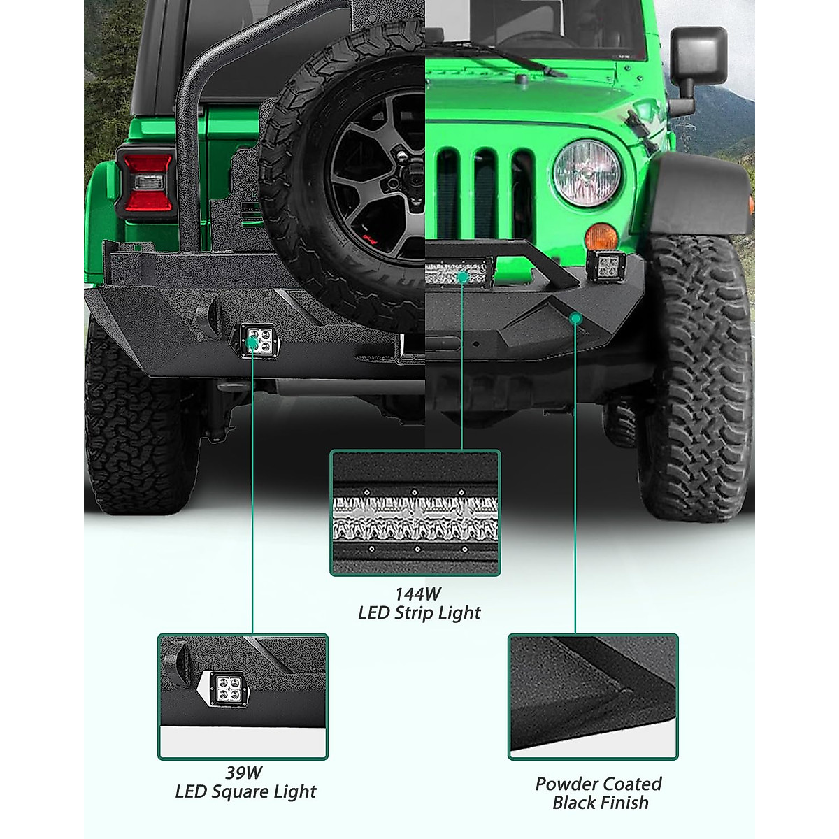 SCITOO Rront Bumper and Rear Bumper w/Tire Carrier Textured Black fit for 2007-2018 for Jeep Wrangler JK Rock Crawler Bumper w/Winch Plate with D-ring & LED Strip Light and LED Lights