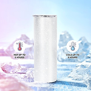 AGH 8 Pack Glitter Sublimation Tumblers - 20 oz Skinny Straight, White Double Wall Stainless Steel Insulated Cups with Straw, Straw Brush, Shrink Wrap, and Heat Resistant Tape.