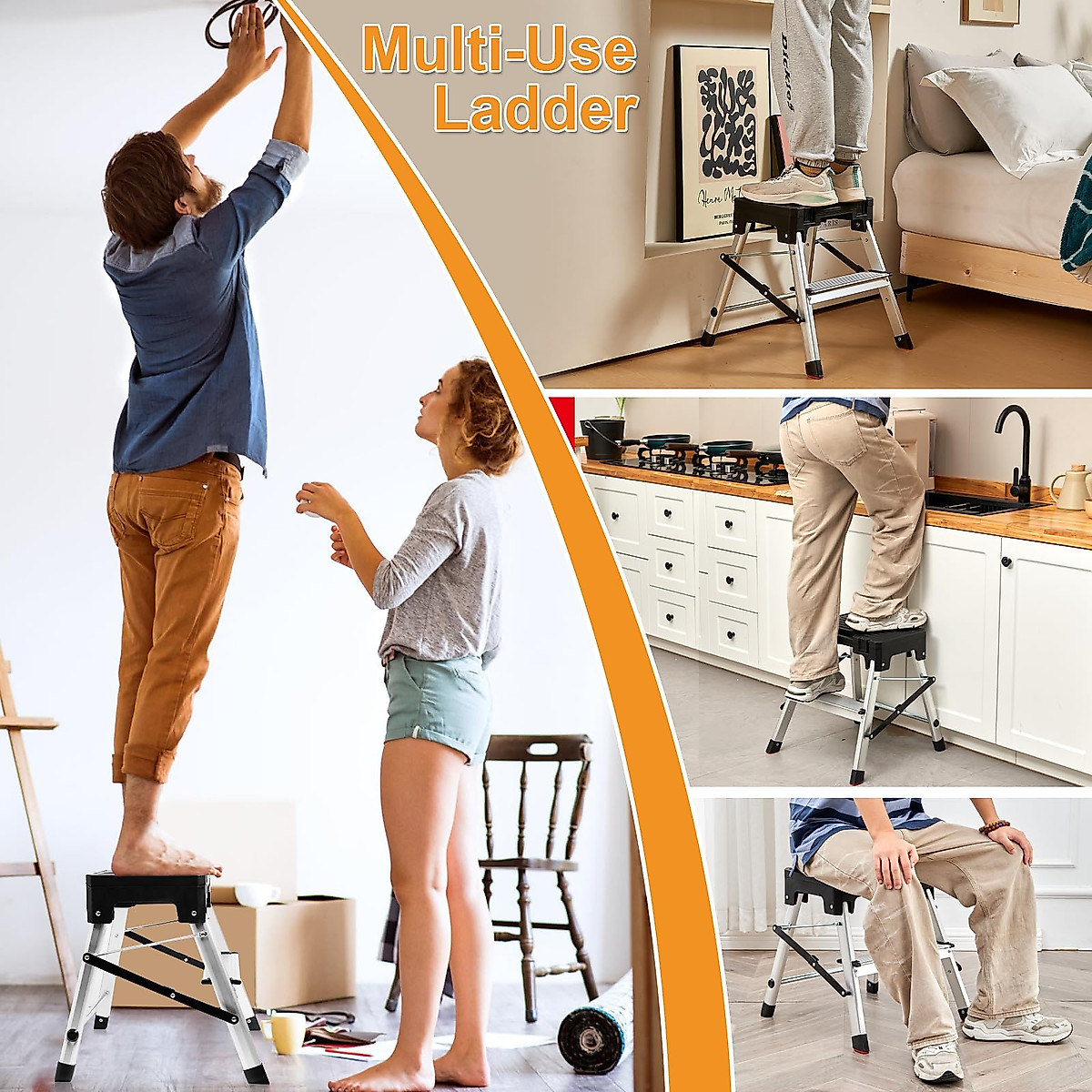 Mesjaedr Two Step Ladder, Folding Aluminum Step Stool with Wide Pedal & Built-in Tool Box, 330 lbs Capacity Sturdy&Portable 2 Step Ladder for Home Kitchen, Bedroom, Office, Library, Workplace