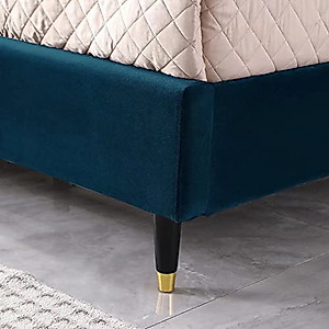 Morden Fort Blue Velvet Bed Frame Wood Platform, Upholstered Platform Bed with 51” Headboard, Heavy Duty Bed Frame with Wood Slat Support, No Box Spring Required, Easy Assembly, California King