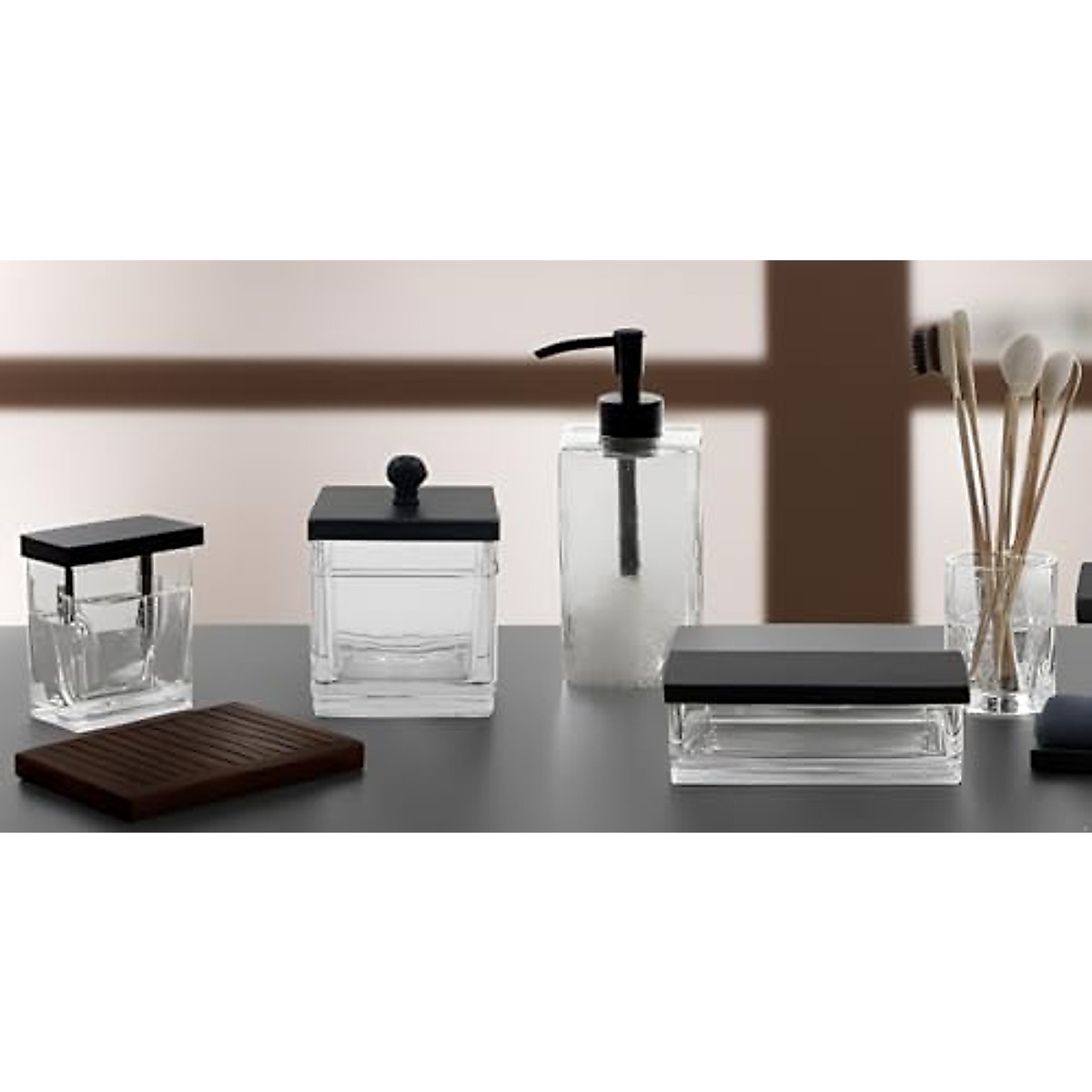 Indecor Home H Halston Apothecary Glass Cotton Jar Holder for Qtips, Cotton Balls, Floss, Storage Canister ,Bathroom Organization, With Matte Black 304L Stainless Steel Lid, Makeup Vanity Organizer