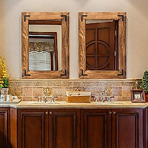 YOSHOOT Rustic Wooden Framed Wall Mirror, Natural Wood Bathroom Vanity Mirror for Farmhouse Decor, Vertical or Horizontal Hanging, 32" x 24", Brown