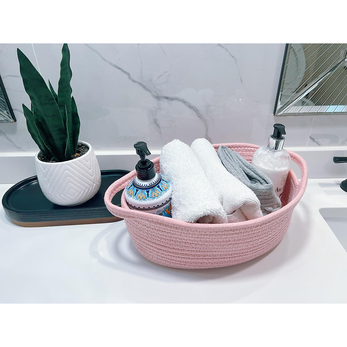 GiftExpress 2 Pack Pink Woven Basket - 13" x 8" x 5" Cotton Rope Organizing Baskets for Baby Items or Cat & Dog Toys - Cute Soft Gift Storage Bin w/ Handles