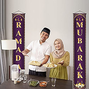 Ramadan Mubarak Decoration Banner Set Ramadan Kareem Porch Hanging Sign Islamic Eid Festival Celebration Welcome Wall Flag Muslim Party Decor (Purple)