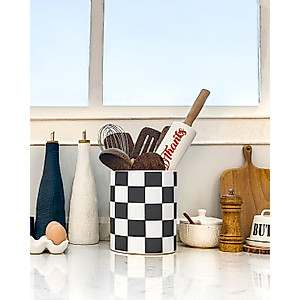 Swkien Utensil Holder，7.2 Inch Checkered Utensil Holder, Ceramic Cooking Utensil Spoon/Spatula Holder for Countertop, Kitchen Decor and Accessories for counte(Black)