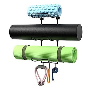 Suchek Yoga Mat Holder Wall Mount, Wall Rack Storage for Yoga Mat, Yoga Tiles, Foam Roller, with 3 Hooks for Hanging Yoga Strap, Resistance Bands, Home Gym Decor for Home Gym Organization (Black)