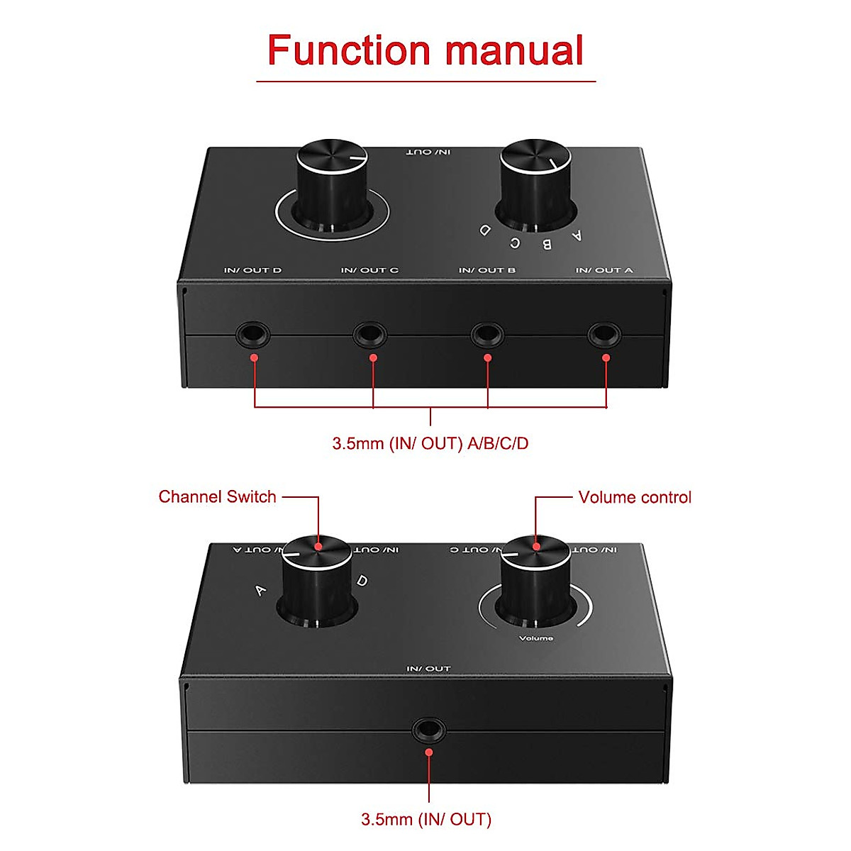 4 Port Audio Switch, 3.5mm Audio Switcher, Stereo AUX Audio Selector, 4 Input 1 Output / 1 Input 4 Output Audio Splitter Switcher, Audio Switcher Box, 4 channel switch knob, No External Power Required