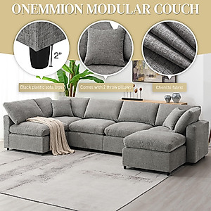 ONEMMLION 130" Modular Sectional Sofa Cloud Couches for Living Room, Convertible Oversized Sectional Sleeper Sofa Bed, Modern Deep Seat Comfy Fluffy Chenille 6 Seat U Shaped Couch with Ottoman, Grey